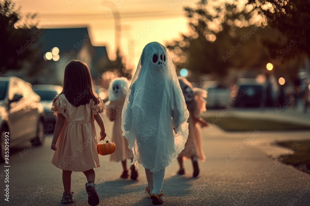 High-resolution photorealistic photograph of children dressed as ghosts ...