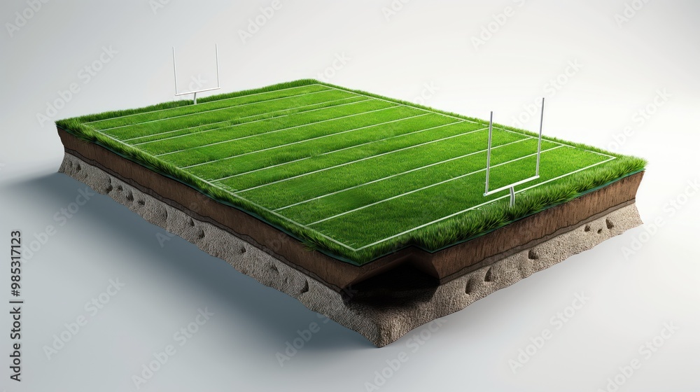 Green grass field of American football stadium from 3D cross-section ...