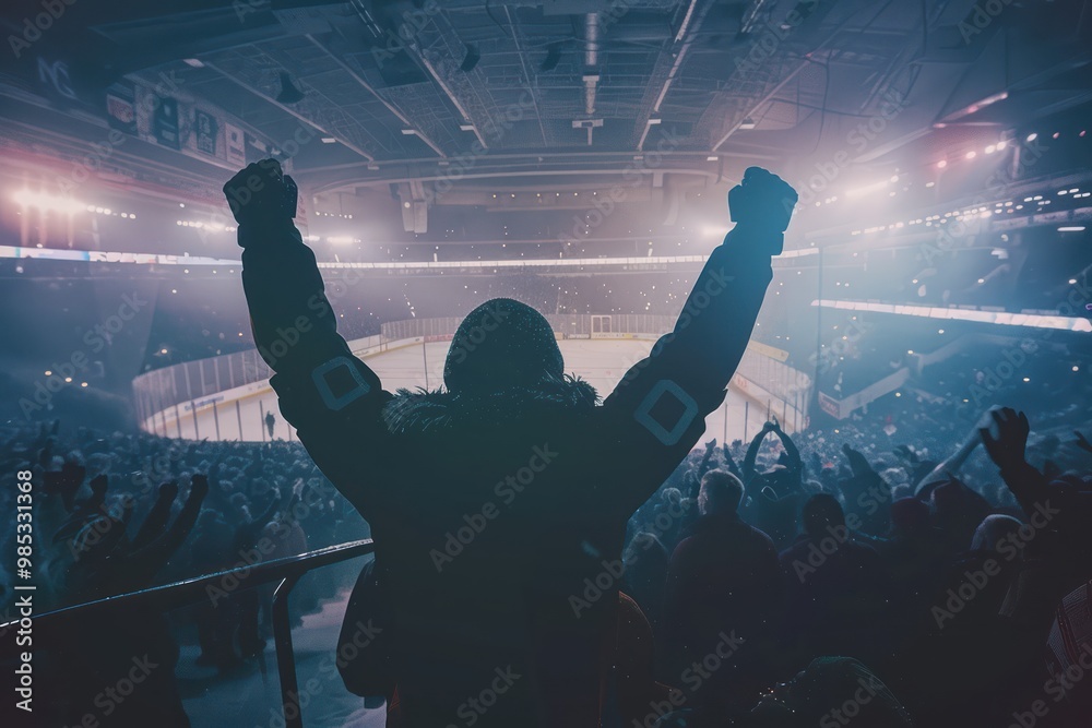 Hockey players celebrate victory in a packed stadium at night. A player ...