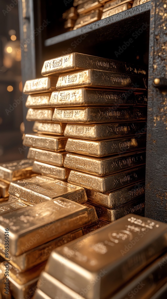 Stacked gold bars inside a vault. Stock Photo | Adobe Stock
