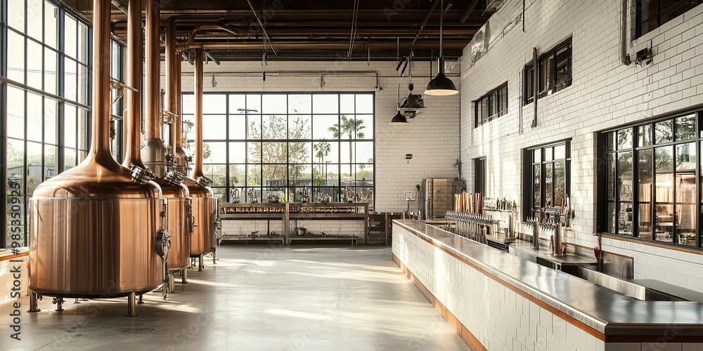 A photo of the interior of an industrial style copper beer brewing ...