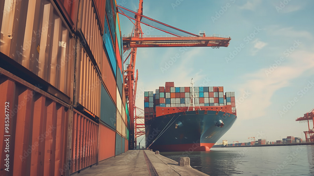 Large cargo ship docked at empty port with stacked containers and idle ...