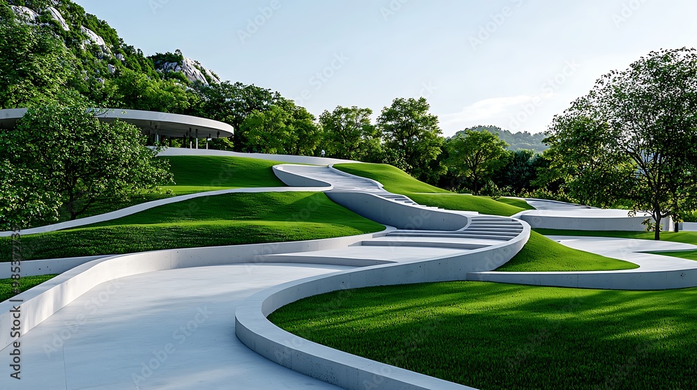 Grassy hills and concrete paths merge in a modern landscape design ...