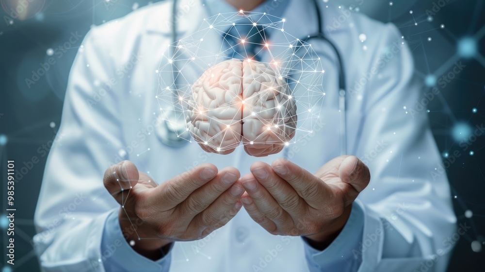 Innovative neurology: doctor with a human brain hologram, showcasing ...
