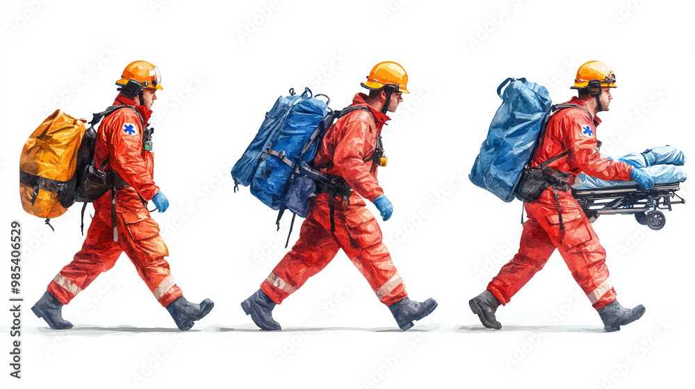 Emergency rescue team in action, wearing protective gear and carrying ...