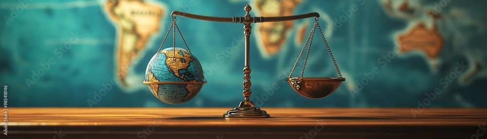 Globe on balance scale, world map background Stock Photo | Adobe Stock