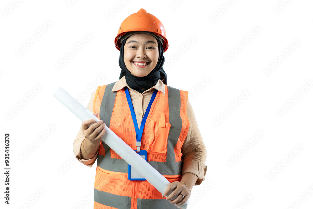 Young Asian female construction worker in hijab standing with a roll of ...