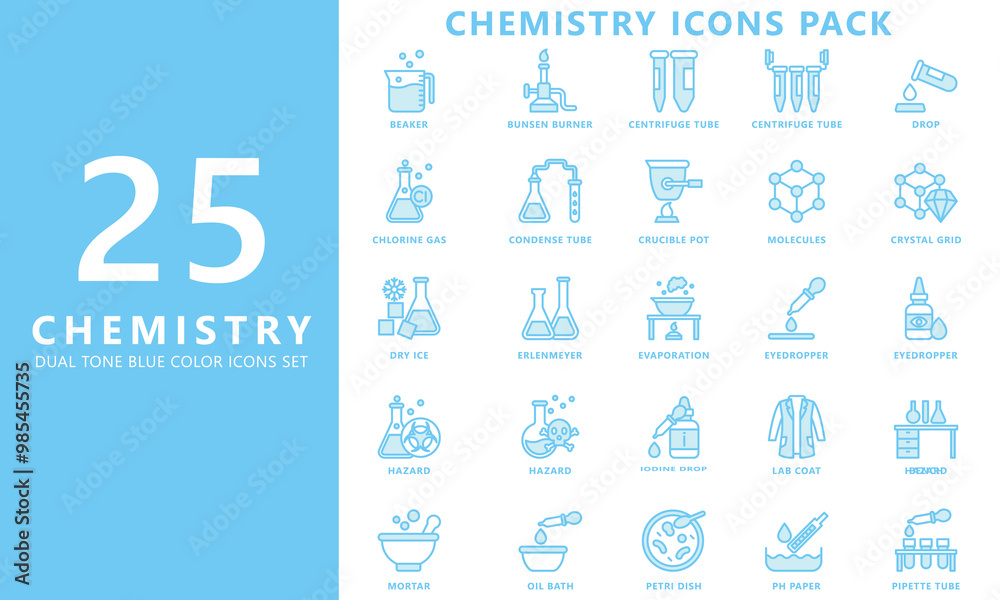 Chemistry dual tone, blue color icon set, contain atom, flask, beaker ...