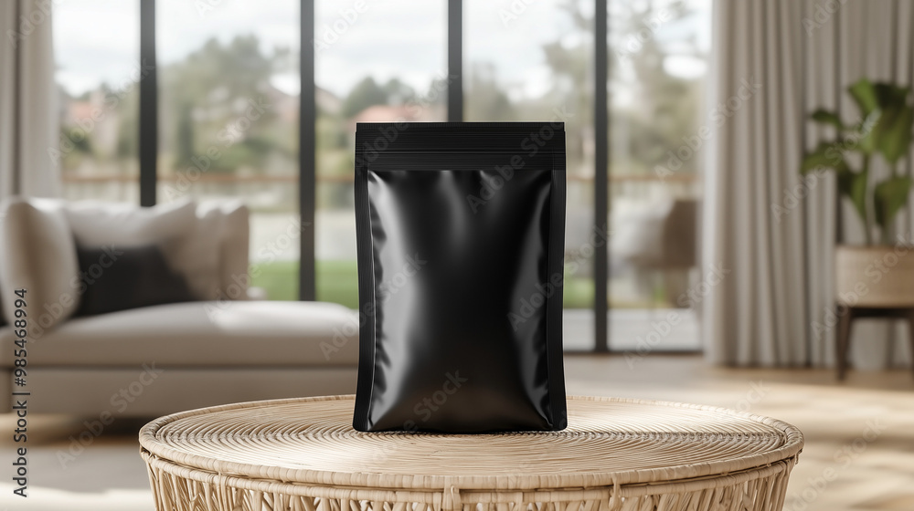mockup black supplement bag upright on round rattan table, facing front ...