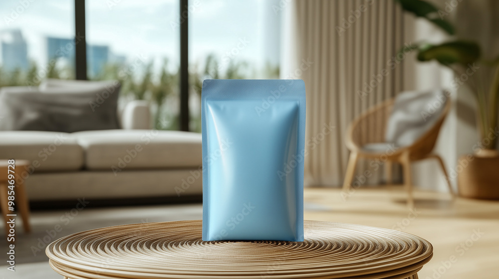 mockup blue supplement bag upright on round rattan table, facing front ...