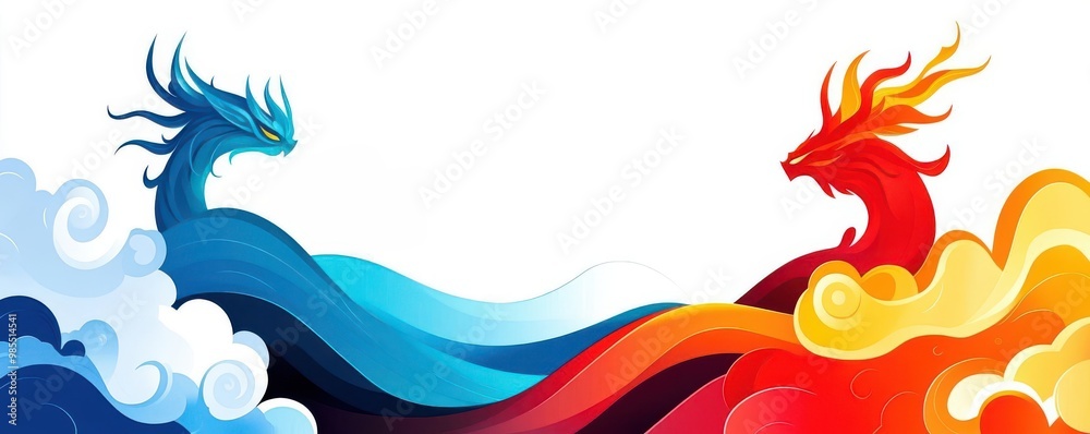 Mythical air beings riding the wind, flat design, front view, storm theme, animation, vivid ...