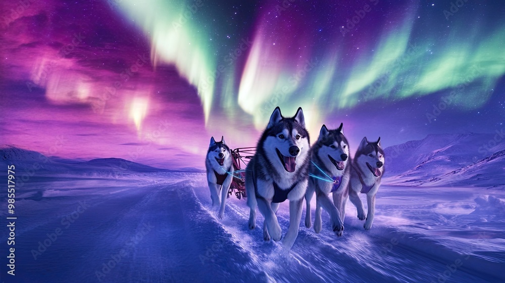 Siberian Husky leading a sled team under the northern lights, featuring ...