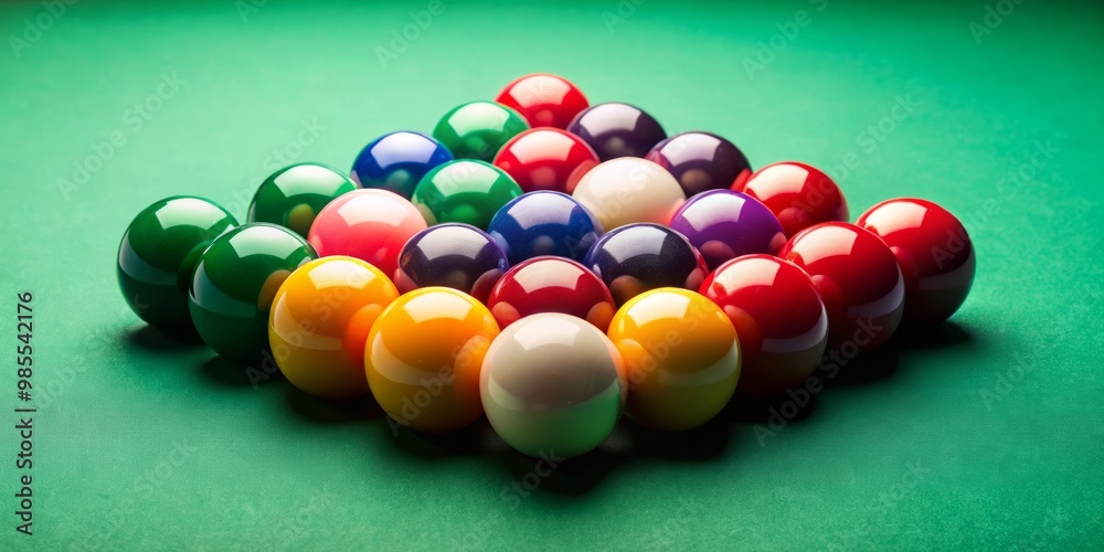 Colorful, rounded balls rest on the green felt table, arranged in a ...