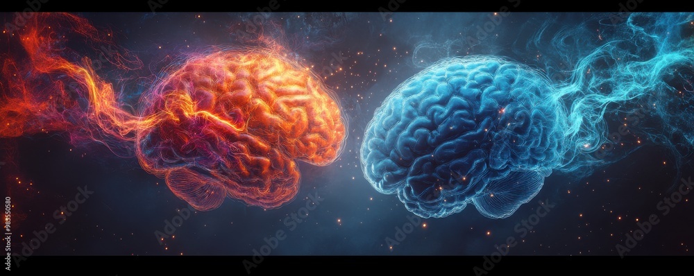 Digital art illustration of two vibrant brains connected by energy in a ...