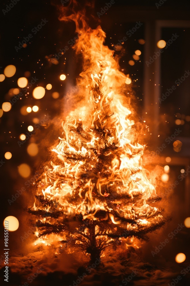Christmas Tree Engulfed in Flames with Fiery Glow and Dark Background ...
