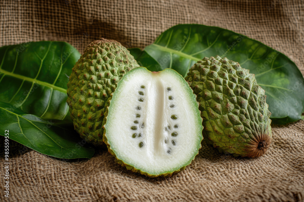 Soursop fruit and leaves on a brown background, with one piece cut in ...