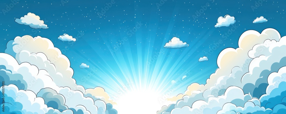 Cartoon-style comic book cloud border with a stunning sunrise and blue ...