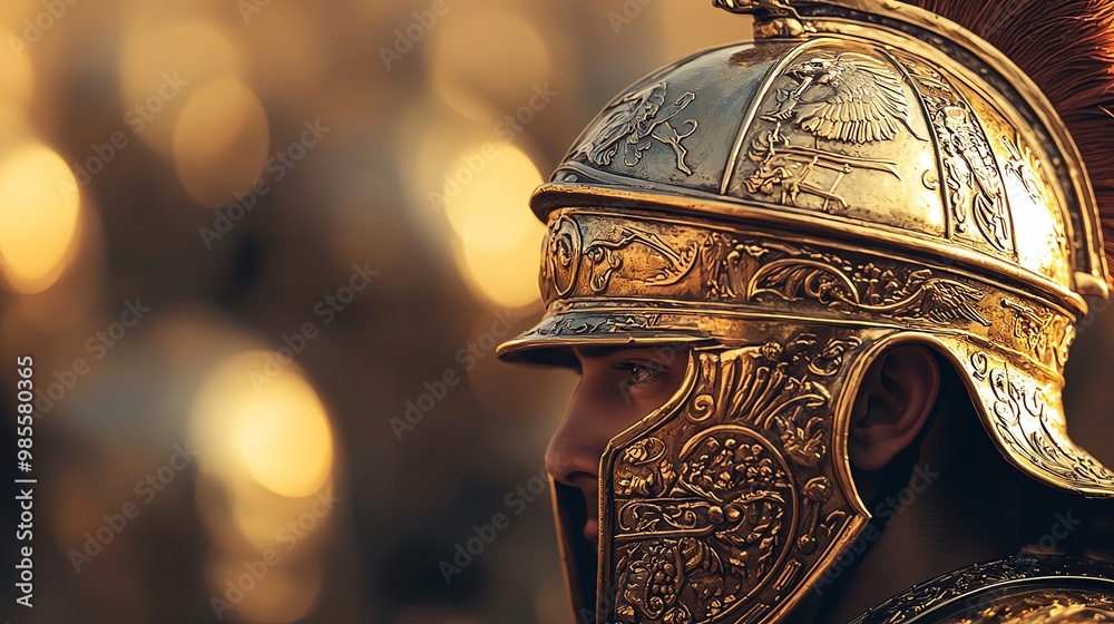 A detailed view of a golden helmet worn by a warrior, showcasing ...