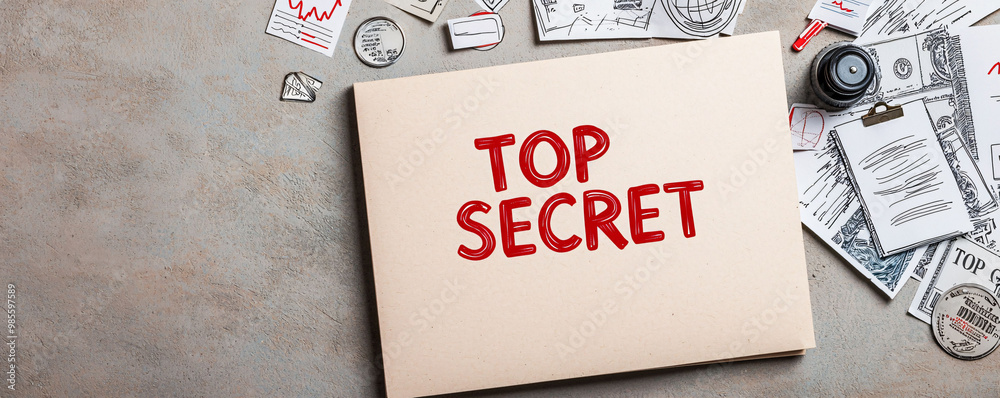 Top secret file folder surrounded by business icons and documents ...