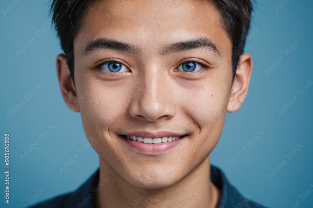 Full framed very close face portrait of a smiling young asian non ...