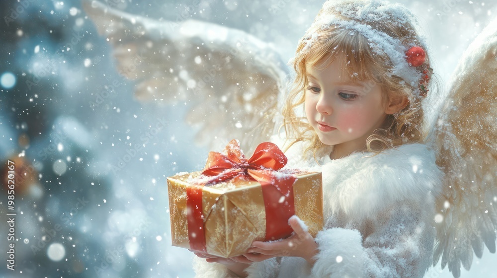 Angel child bringing the present on Christmas eve, charming little ...