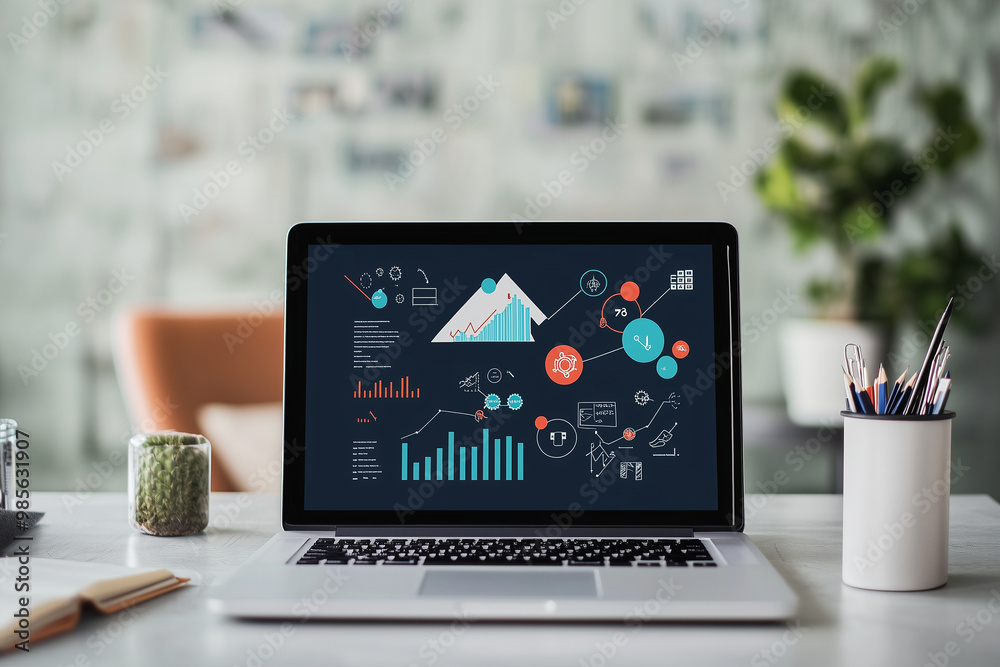 laptop on a stylish office desk, showing a digital business plan with ...