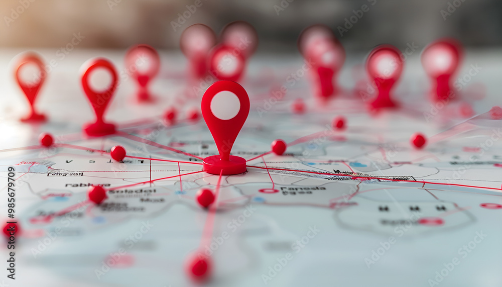 World map with red location pins connected by lines, representing global connections Stock ...