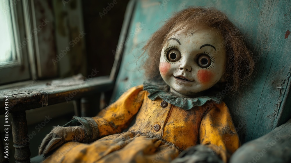 Creepy vintage doll with wide eyes sitting on a worn-out wooden chair ...