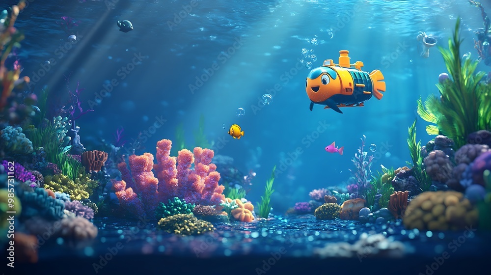 Playful cartoon-style underwater scene with a submarine exploring coral ...