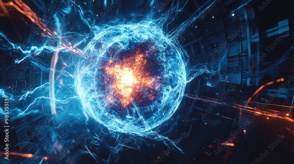 Fission reaction with a nucleus splitting and releasing energy in a ...