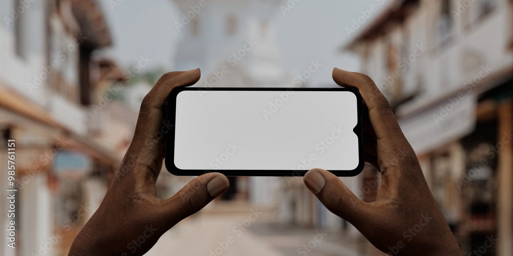 Black African-American male using smartphone with a blank white screen ...