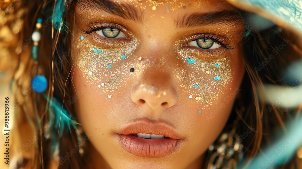 Close-up portrait of a young woman with glitter makeup in a boho style ...