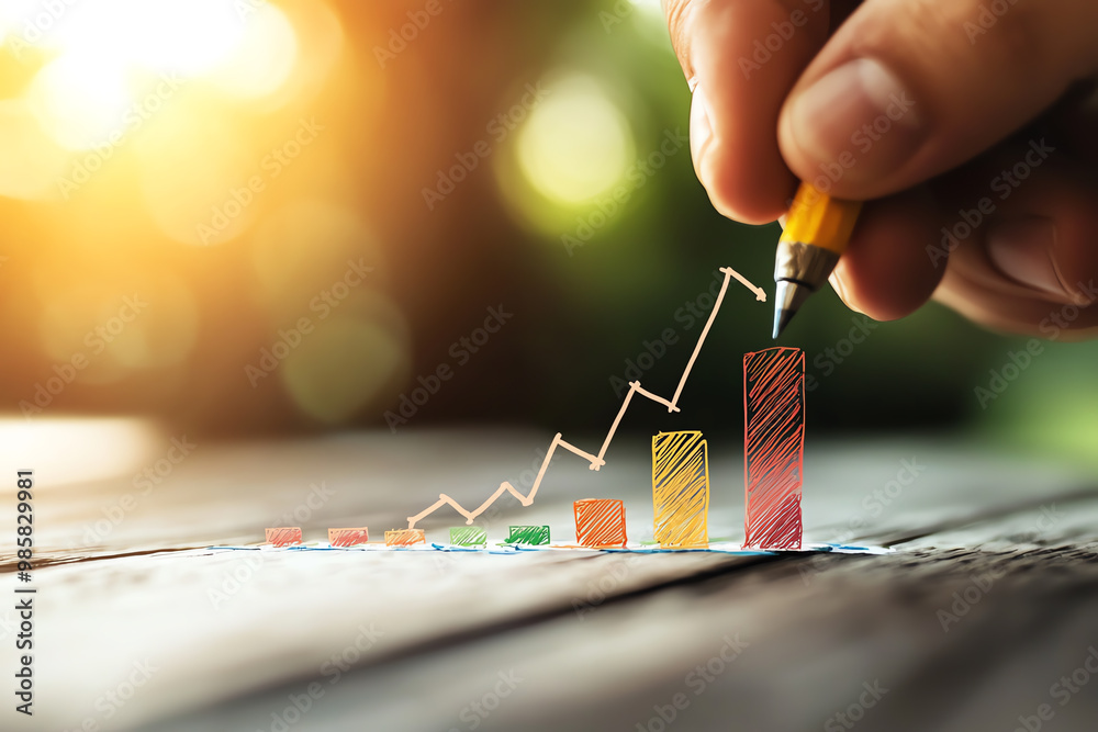 Hands drawing a progress chart with goals marked at various points ...