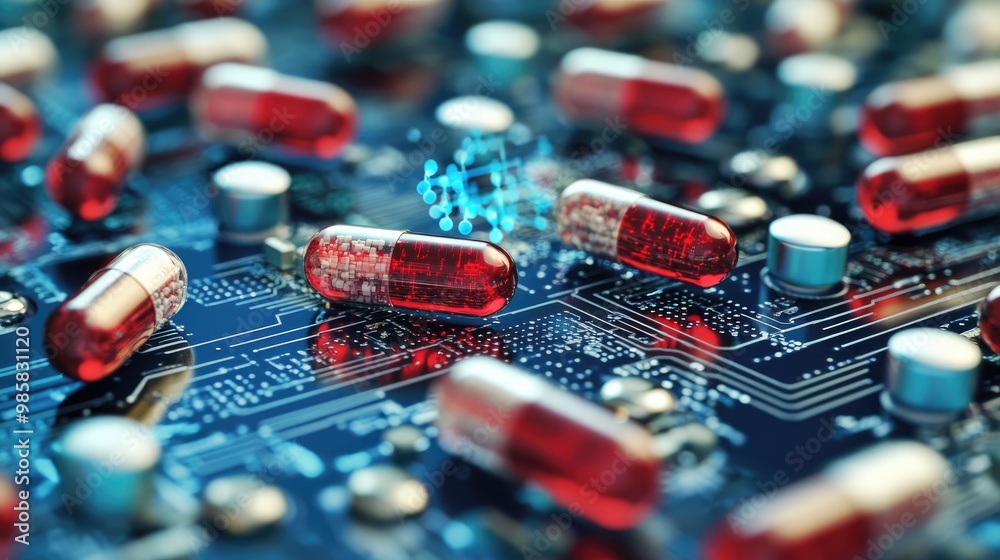 Drug discovery: Digital pills on a circuit board, representing the use ...