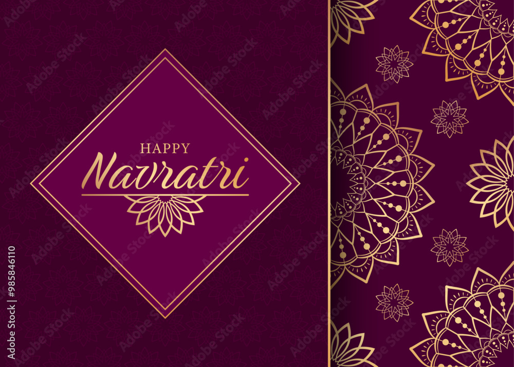 Golden text Happy Navratri on purple background with golden frame and ...