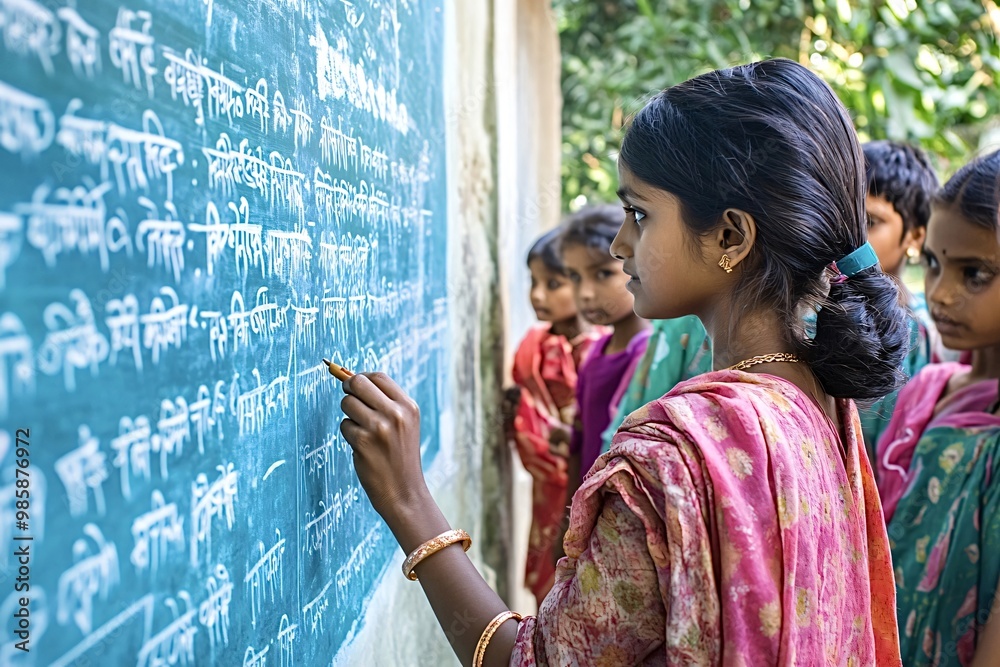 Young indian girl writes on a chalkboard at school, with classmates ...