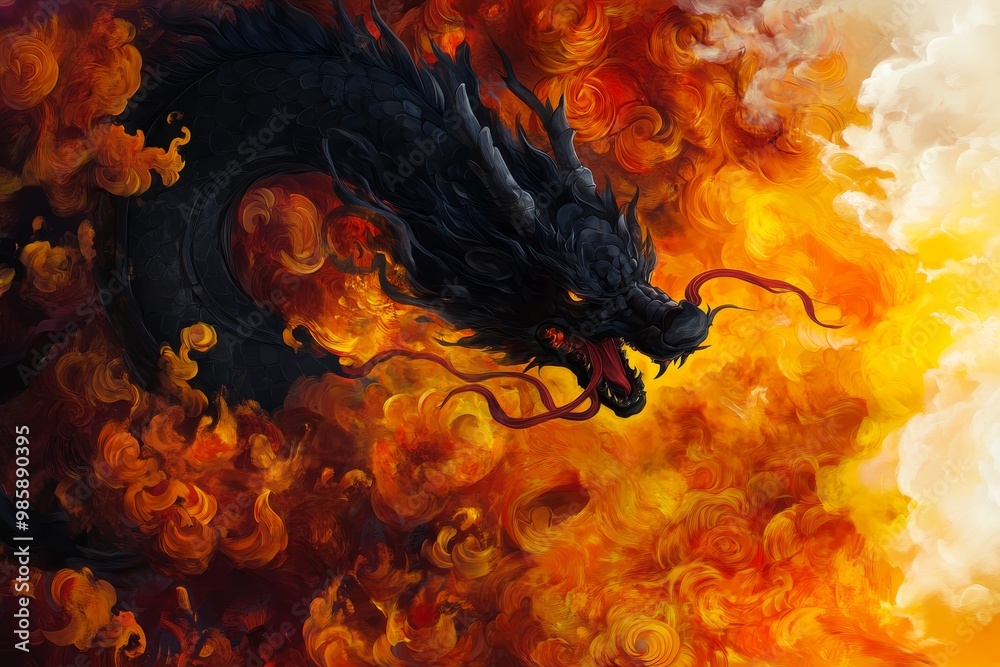 A powerful black dragon emerges from fiery clouds, symbolizing strength ...