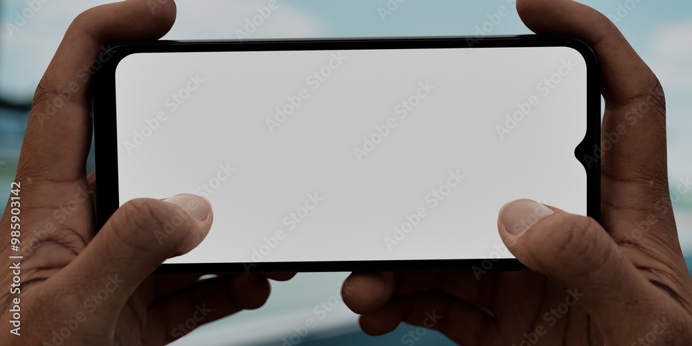 Asian male using smartphone with a blank white screen. Race track ...