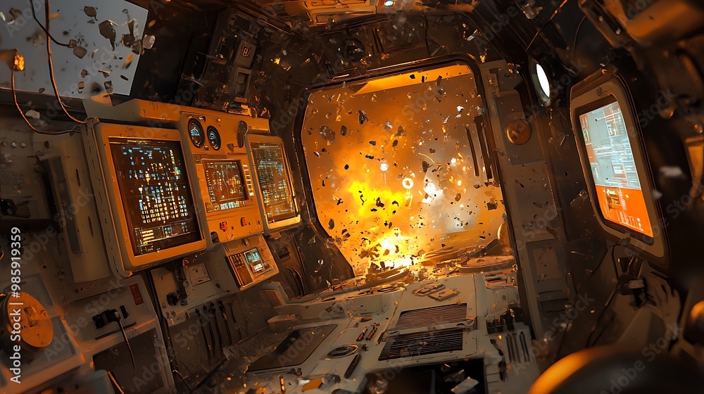 A spaceship interior with a large explosion visible through a broken ...