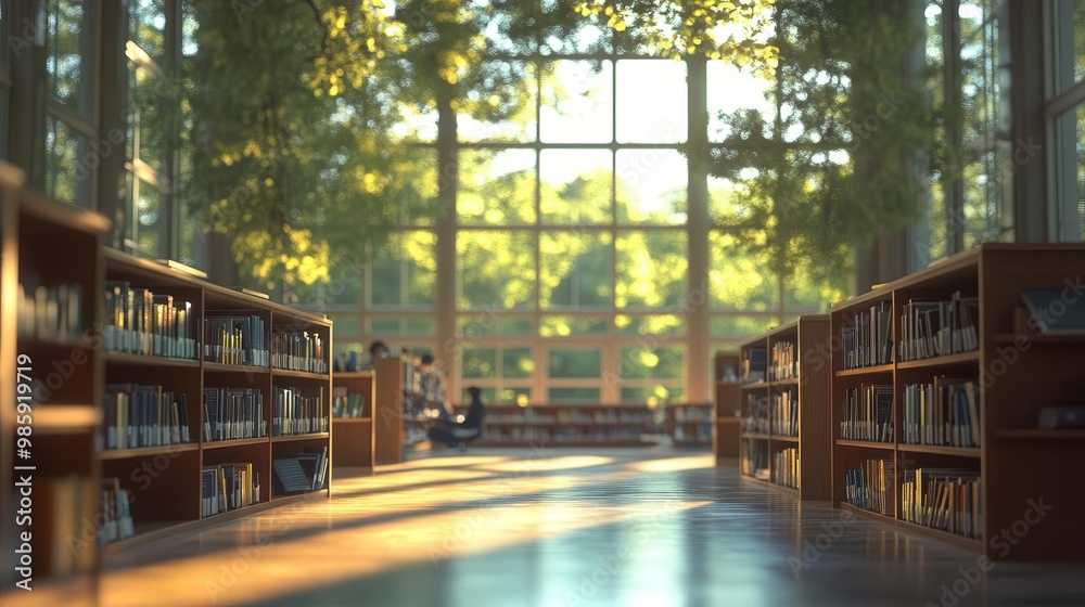 School library with bookshelves and students studying quietly, academic ...