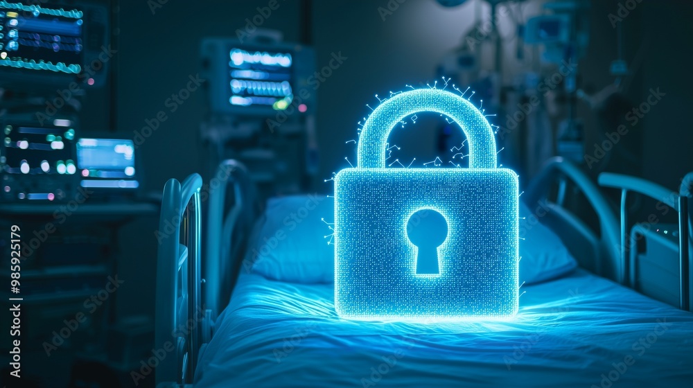 Digital lock over hospital bed symbolizing healthcare data security ...