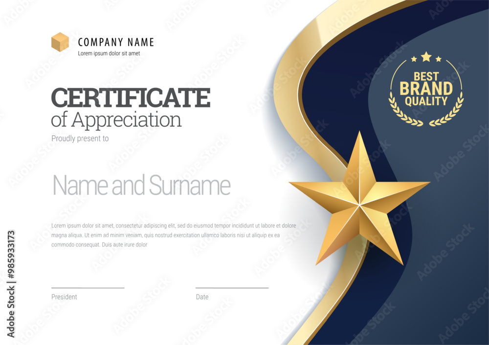 Award certificate with a star design in blue and gold colors ...