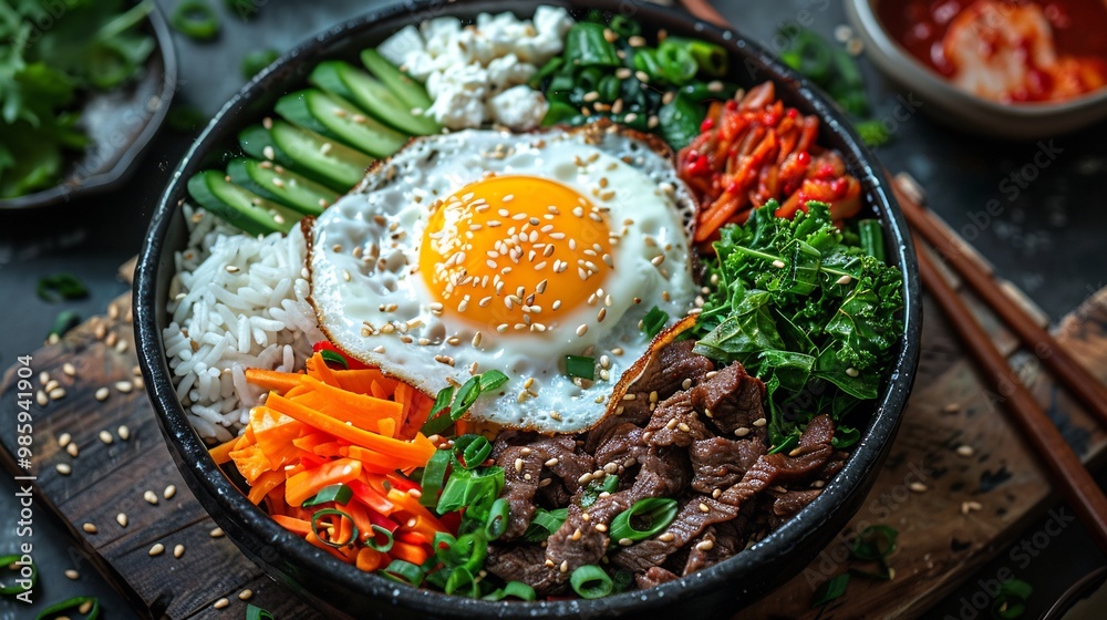 Korean bibimbap a perfect fried egg on top surrounded by colorful ...
