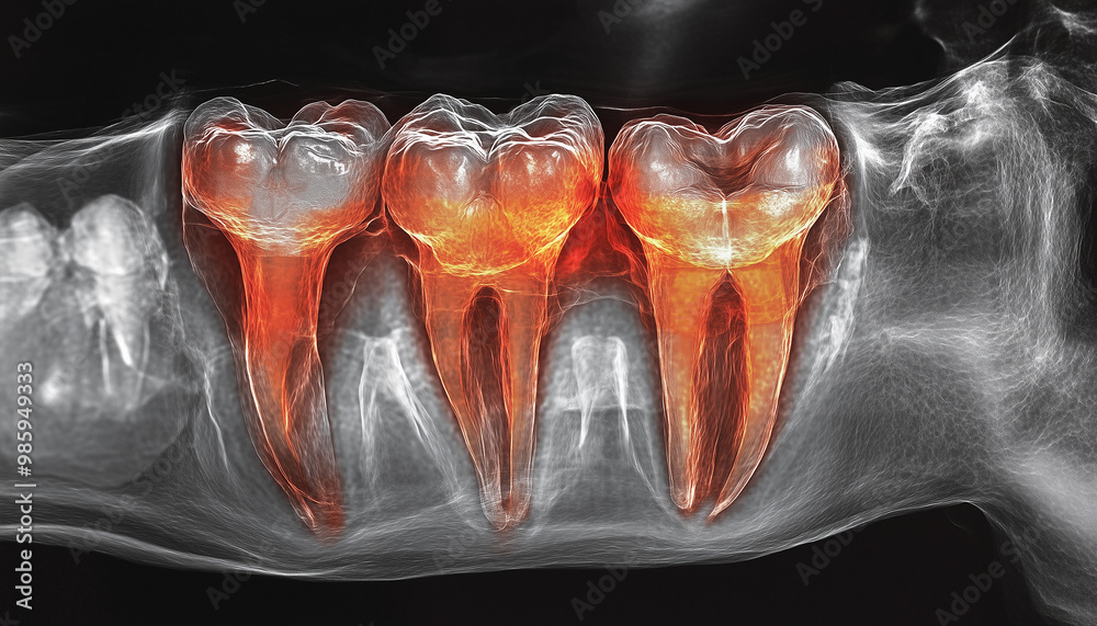 MRI image of teeth with highlighted inflamed areas. The tissues around ...