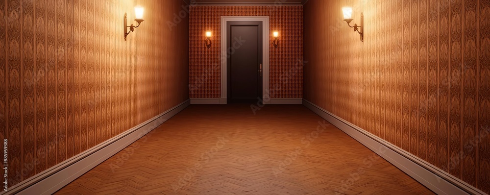Dimly lit corridor in an old, haunted mansion, with tattered, spooky ...