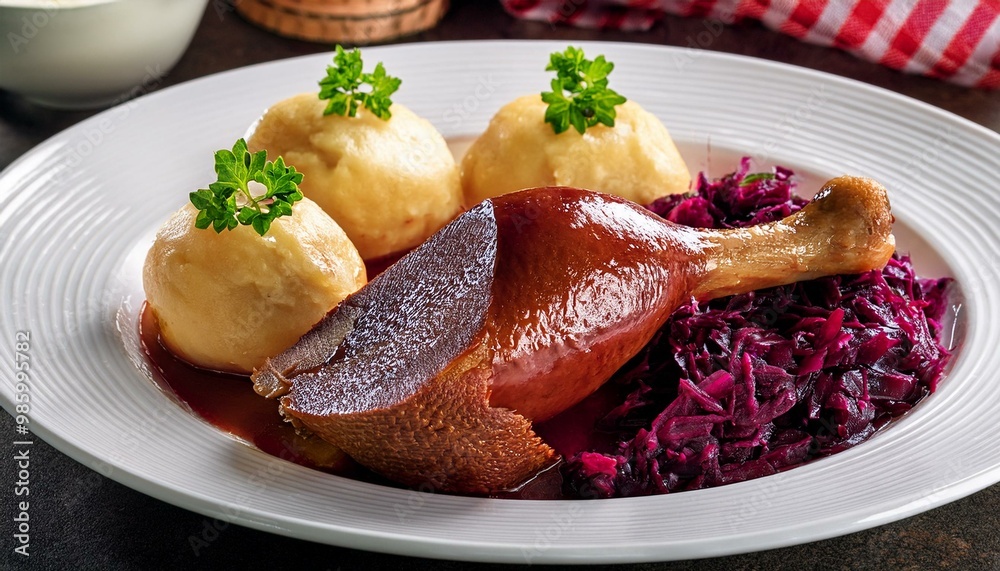Crusty goose leg with braised red cabbage and dumplings Stock Photo ...