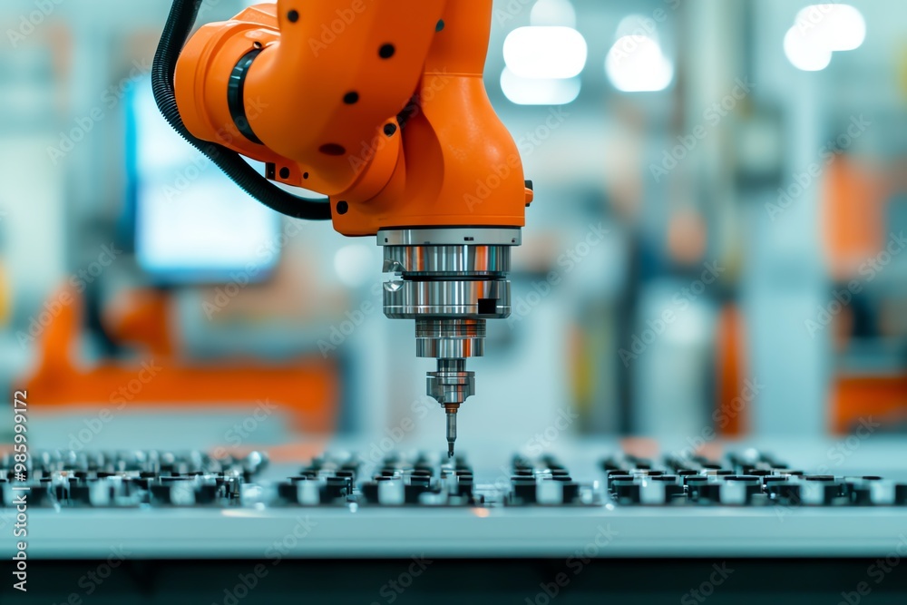 An advanced robotic arm operates a drill in a modern manufacturing ...