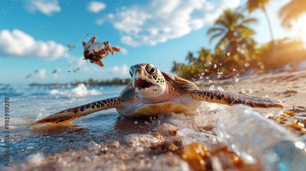 A sea turtle crawls on a polluted beach, surrounded by plastic debris ...