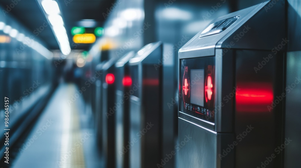 A modern subway station featuring automated fare gates with illuminated ...