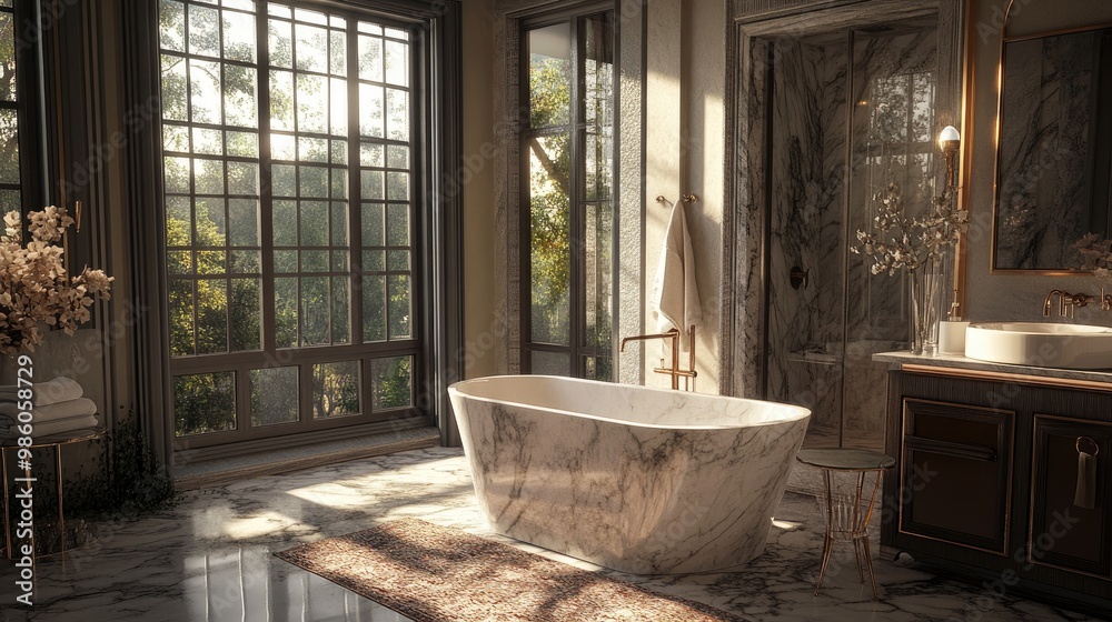 Luxury bathroom featuring a marble bathtub, a stylish walk-in shower ...